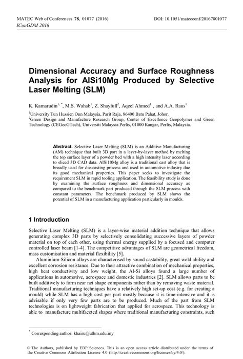 pdf dimensional accuracy and surface roughness analysis for alsi10mg produced by selective
