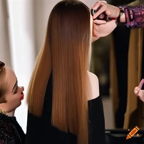 Emma Stone Getting Her Long Straight Hair Trimmed By A Stylist While