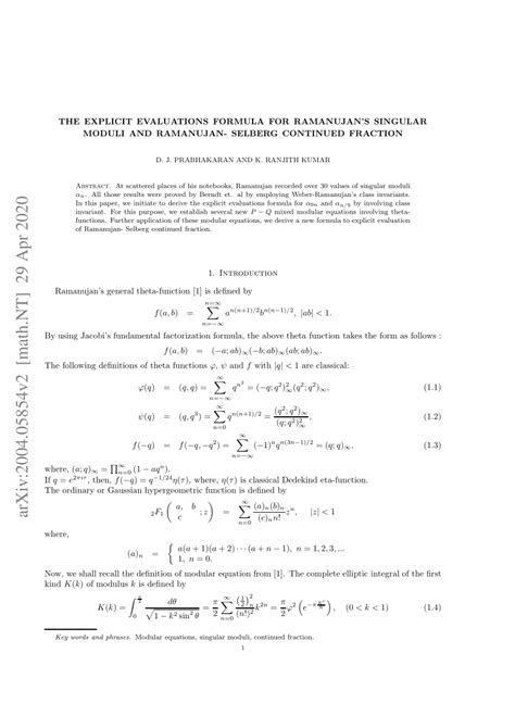 pdf the explicit evaluations formula for ramanujan s singular moduli and ramanujan selberg