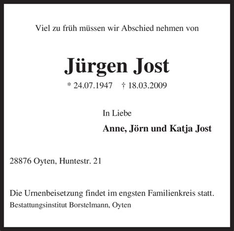Trauer und Todesanzeigen von Jürgen Jost Trauer de