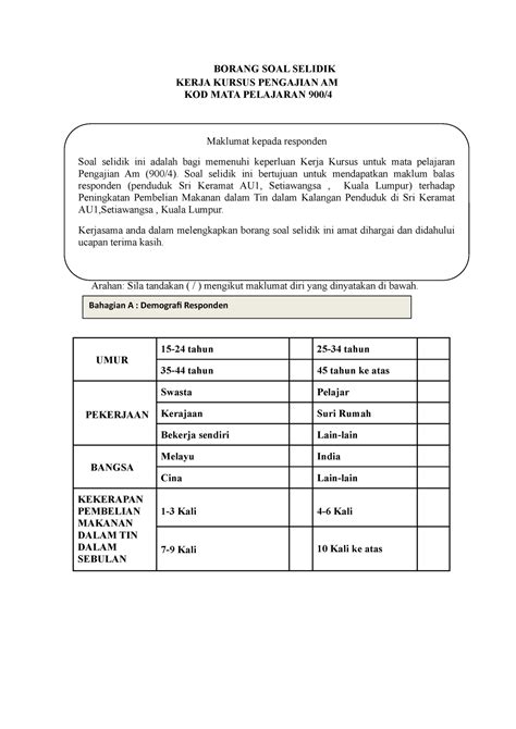 Borang SOAL Selidik PENGAJIAN AM BORANG SOAL SELIDIK KERJA KURSUS