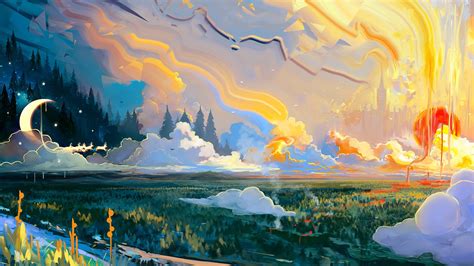 Fondos De Pantalla Pintura De Arte Monta A Nubes Luna Rboles