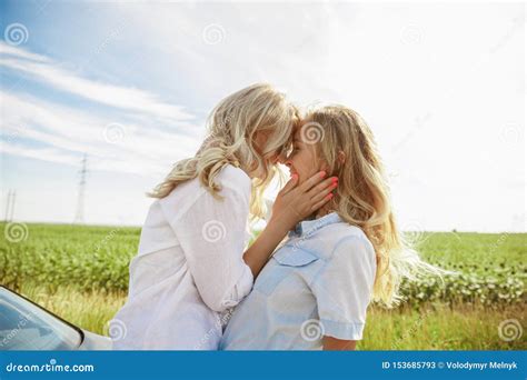 Young Lesbian`s Couple Going To Vacation Trip On The Car In Sunny Day Stock Image Image Of