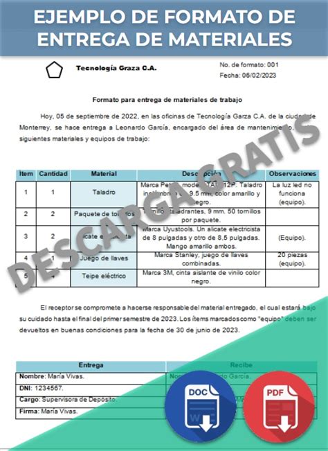 Formato Entrega De Materiales Ejemplos Formatos Word Excel