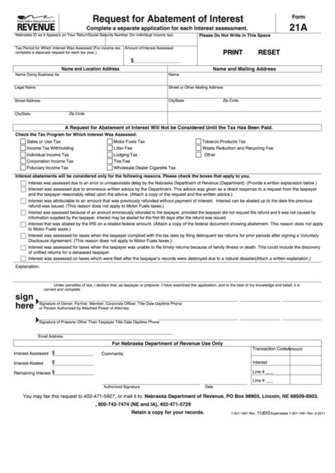 Fillable Form 21a Request For Abatement Of Interest 1991 Printable