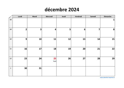 Calendrier Décembre 2024 à imprimer