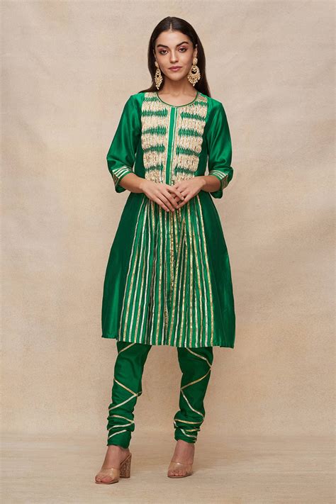 Buy Green Chanderi Embroidery Gota Round Neck Tunic For Women By Gulabo
