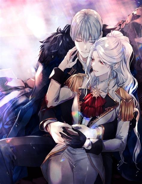 Two Anime Characters Sitting Next To Each Other With Their Arms Around