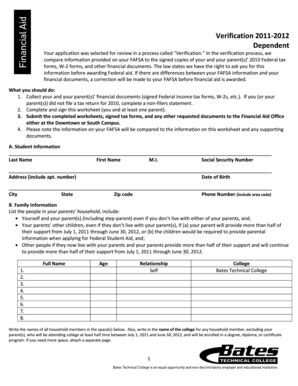 Fillable Online Bates Ctc Verification 2011 2012 Dependent Your