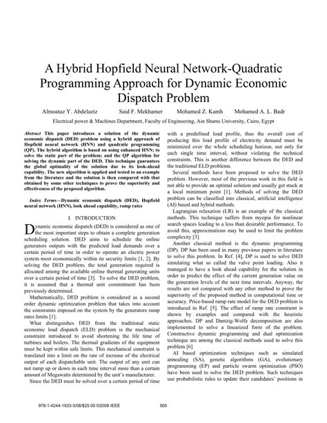 pdf a hybrid hopfield neural network quadratic programming approach for dynamic economic