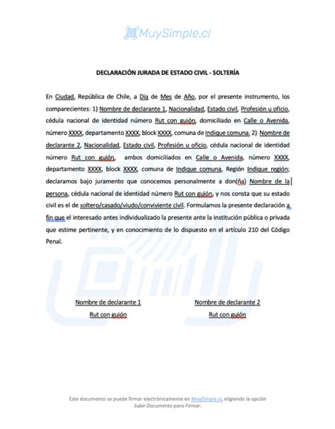 Declaración Jurada de Estado Civil Soltería MuySimple cl