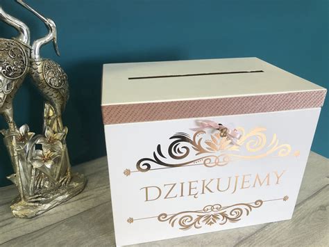 Skrzynka pudełko na koperty ślubne zamykana na kluczyk różowe złoto
