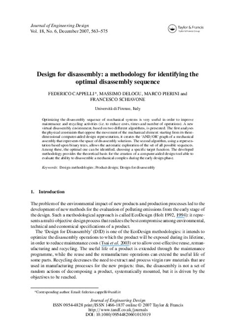 pdf design for disassembly a methodology for identifying the optimal disassembly sequence