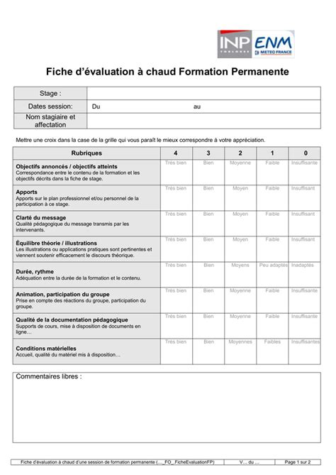 Fiche D Évaluation De Formation Modele Word