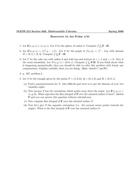 5 questions in assignment 13 multivariable calculus math 212 docsity