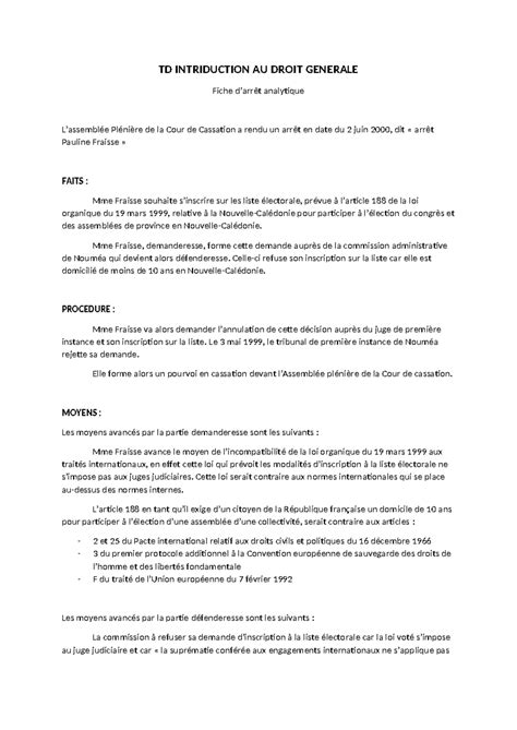 Fiche d arrêt Fraisse TD INTRIDUCTION AU DROIT GENERALE Fiche darrêt