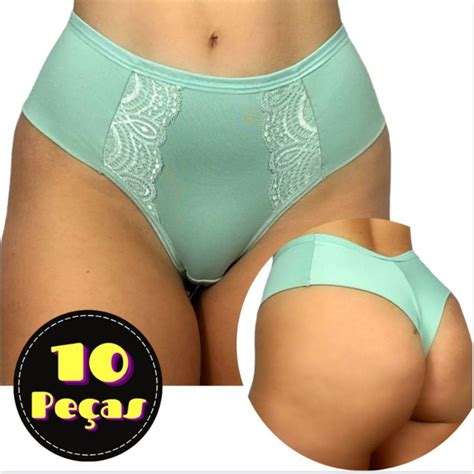 Kit 10 Calcinhas Cintura Alta Fio Dental Duplo Confortável Lingerie