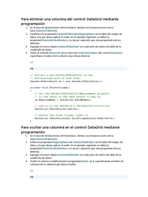 para eliminar una columna del control datagrid mediante programación pdf c sharp lenguaje