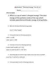 Thermal Energy Worksheet 2 Worksheet Thermal Energy For Ch 12 Name