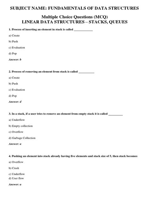 subject name fundamentals of data structures multiple choice questions mcq linear data