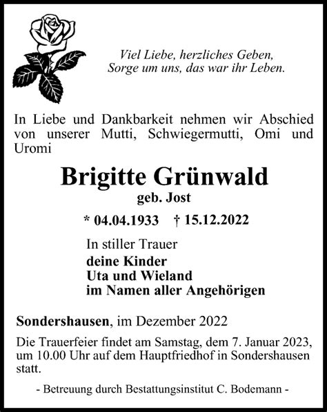 Traueranzeigen Von Brigitte Gr Nwald Trauer In Thueringen De