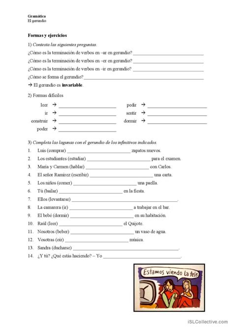 Gerundio Uso Y Ejercicios Pr Ctica G Espa Ol Ele Hojas De Trabajo Pdf