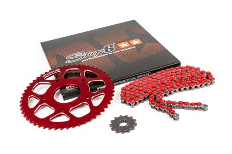Kit chaîne 14x53 420 Stage6 alu CNC Rouge Peugeot Rieju MAXISCOOT