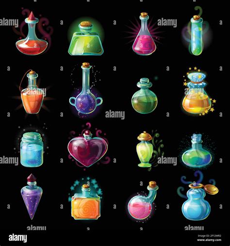 Sixteen Isolated Colorful Magic Bottle Jars Set With Liquid Potions For