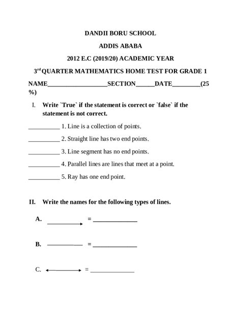 Quarter Mathematics Handout And Worksheet Dandii Boru Doc Template
