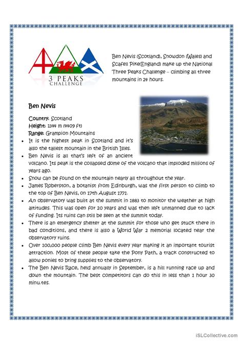 Three Peaks Challenge English Esl Worksheets Pdf Doc