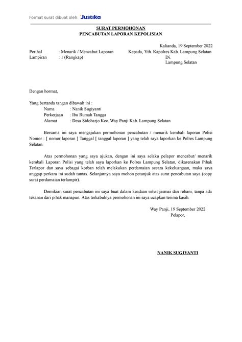 Surat Pencabutan Laporan Polisi Format Surat Dibuat Oleh SURAT