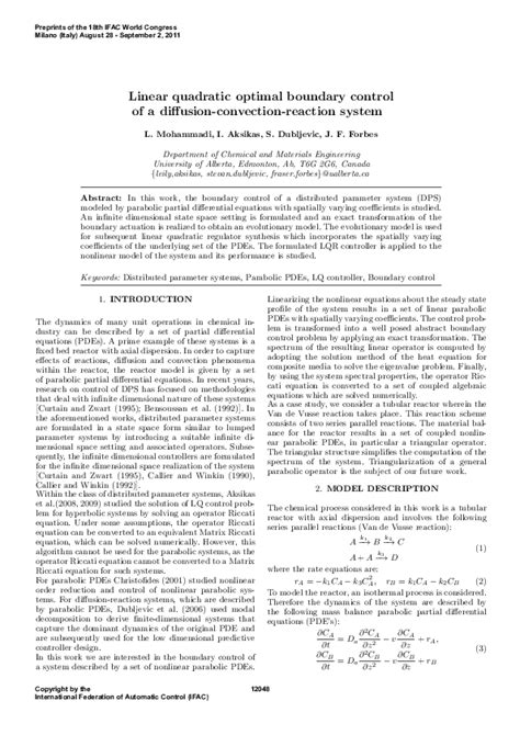 pdf linear quadratic optimal boundary control of a diffusion convection reaction system