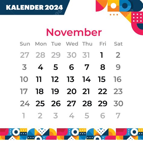 Noviembre 2024 Mes Calendario Diseño Geométrico Plano Vector PNG