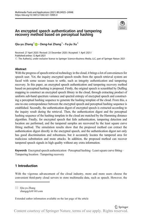 an encrypted speech authentication and tampering recovery method based on perceptual hashing