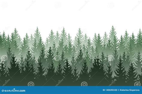 Vector Seamless Green Misty Coniferous Forest Pattern Isolated On White