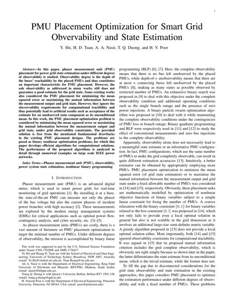 pdf pmu placement optimization for smart grid obvervability and state estimation