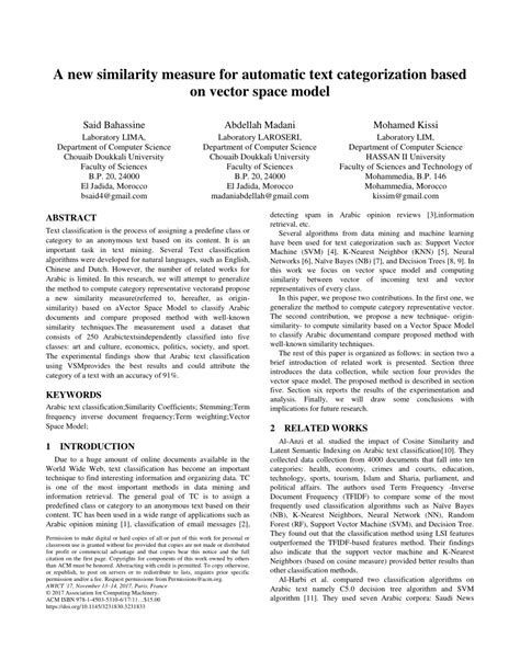 pdf a new similarity measure for automatic text categorization based on vector space model