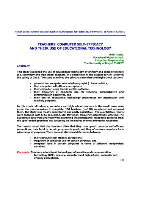 pdf teachers computer self efficacy and their use of educational technology