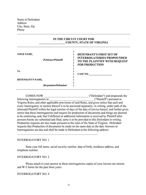 Fillable Online Virginia Discovery Interrogatories From Defendant To