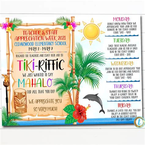 EDITABLE Hawaiian Themed Teacher Appreciation Week Itinerary Beach