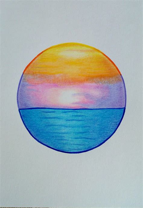 A Drawing Of A Sunset Over The Ocean With Water And Sky In The