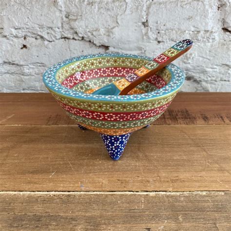 Rainbow With Turquoise Trim Mexican Salsa Dish Molcajete Style Mexican