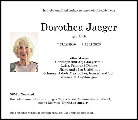 Traueranzeigen Von Dorothea Jaeger Rz Trauer De
