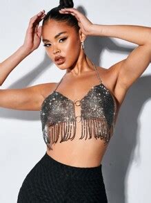 SHEIN BAE Rhinestone Fringe Hem Ring Linked Backless Crop Halter Top