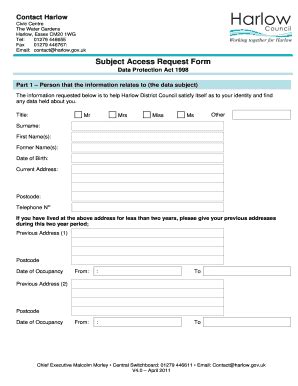 Fillable Online Subject Access Request Form Pdf Harlow Council Fax