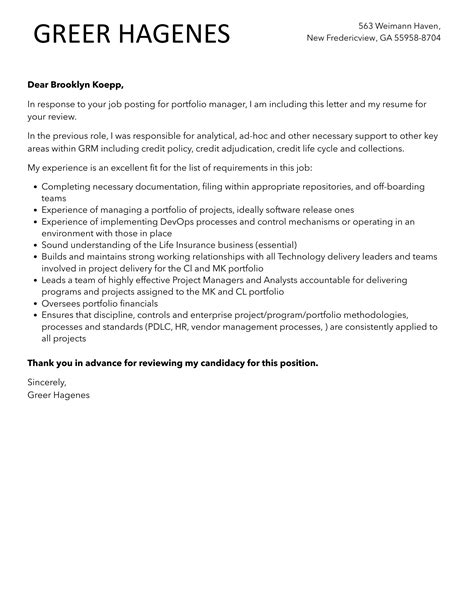 Portfolio Manager Cover Letter Velvet Jobs
