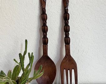 Vintage Large Wood Fork And Spoon Set Large Utensil Decor Rustic