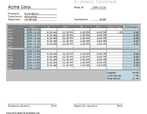 Biweekly Timesheet With Comp Time Calculation Printable Time Sheet