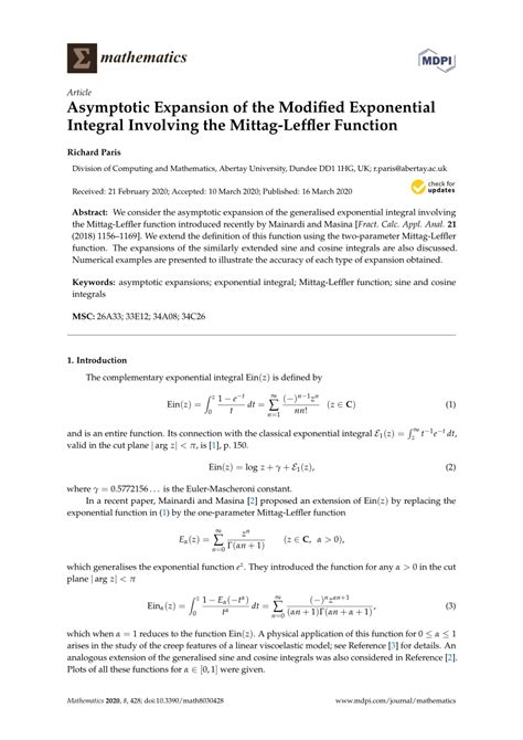 pdf asymptotic expansion of the modified exponential integral involving the mittag leffler