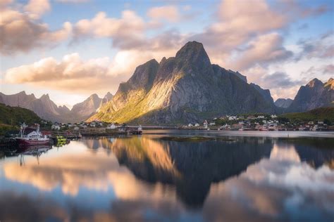 Sunset Norway Mountains Island Sea Nature Fjord Landscape
